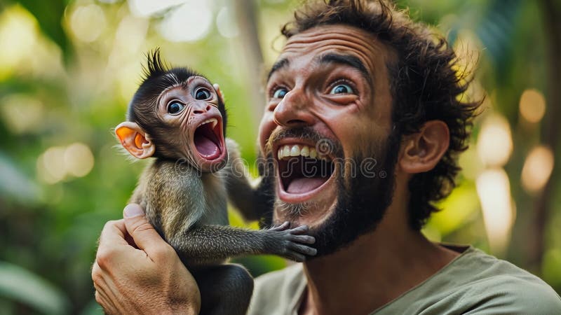 Man with a Wild Expression Holding a Small Monkey in a Jungle Setting ...