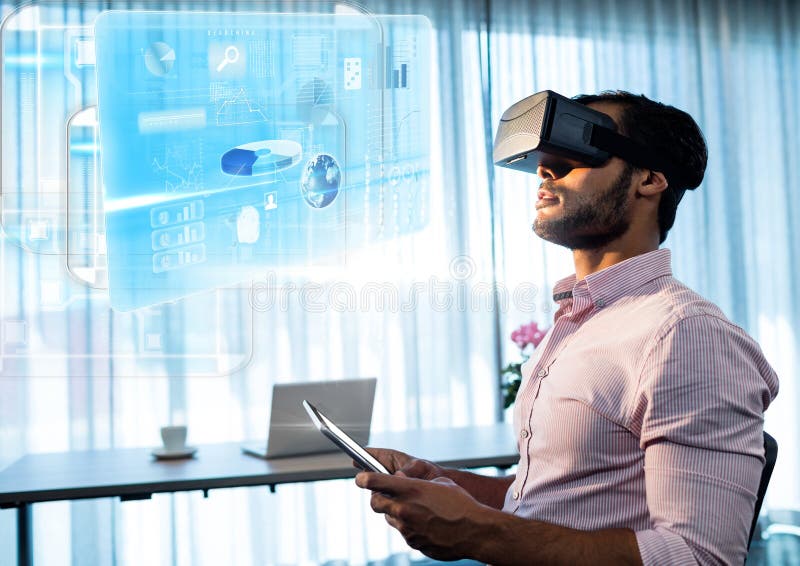 Man by Window Wearing VR Virtual Reality Headset with Interface Stock ...