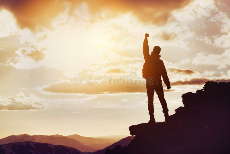 Man Winner Mountain Top Silhouette Stock Image - Image of active ...