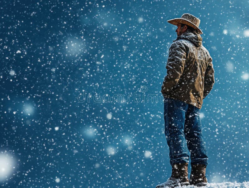 Man in Winter Clothing Standing in Heavy Snowfall with a Bright Blue ...