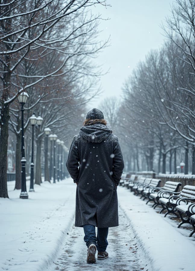 A Man in Winter Coat and Scard Walking Down a Snowy Path with Benches ...