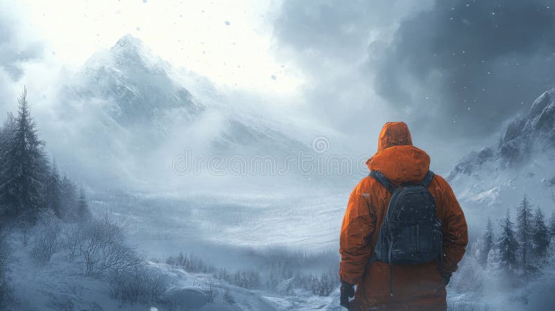 Man in Winter Layers Gazing Outside into the Snowy Landscape Stock ...