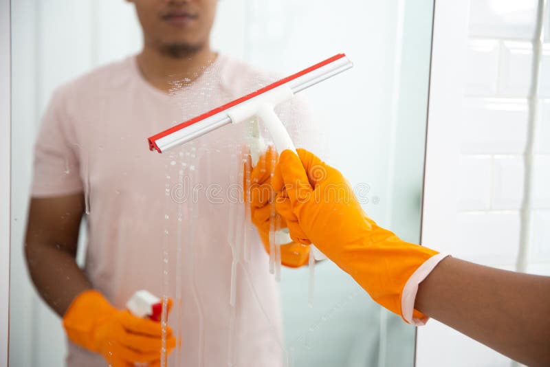 Man Wipe Mirror Using Cleaning Tool Stock Photo - Image of domestic ...