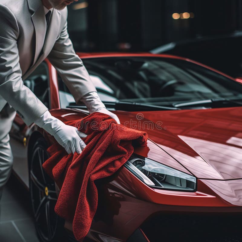 Man Wiping Down a Shiny Sleek Red Car with a Cloth, AI-generated. Stock ...