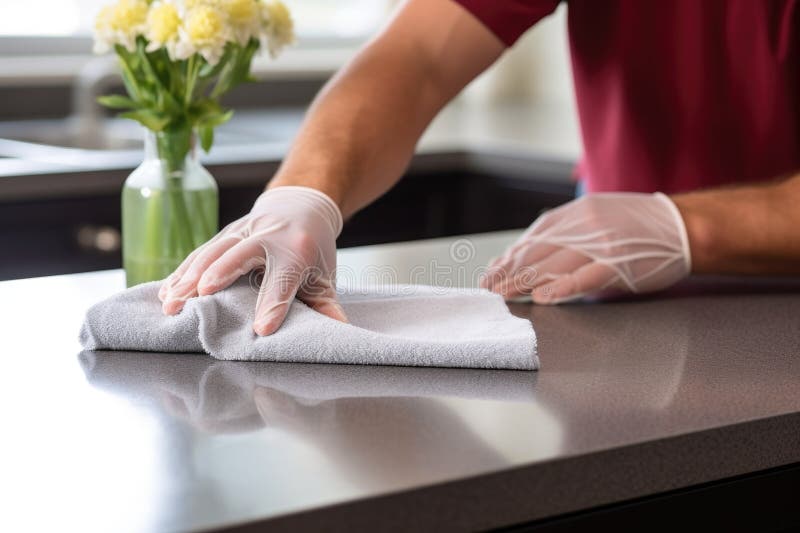 Man Wiping a Granite Kitchen Countertop with a Cloth Stock Photo ...