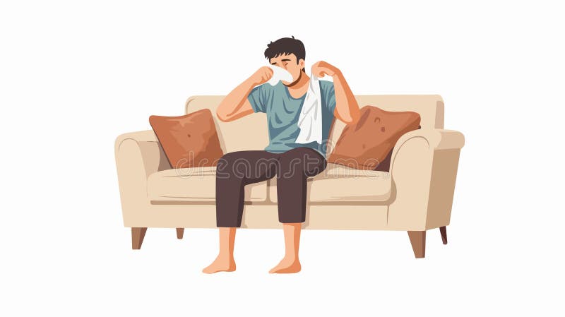 Man Wiping Sweat while Sitting on a Sofa at Home. Stock Vector ...