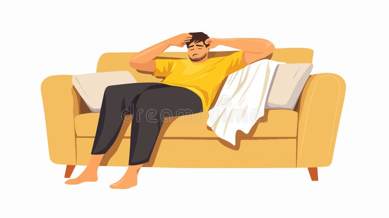 Man Wiping Sweat while Sitting on a Sofa at Home. Stock Vector ...