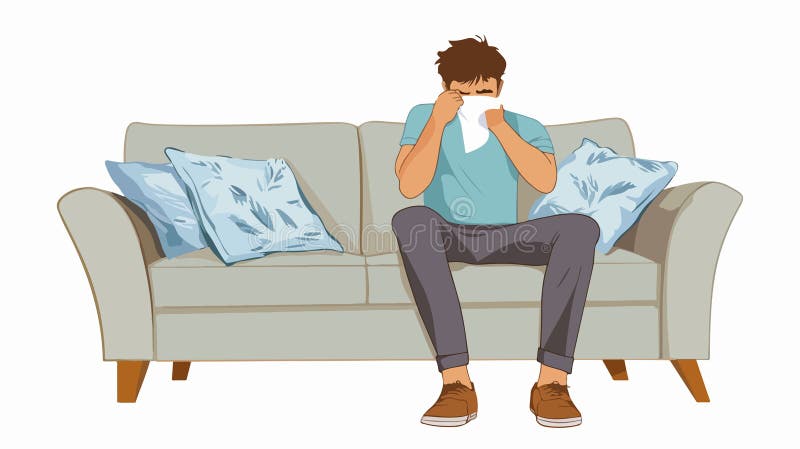 Man Wiping Sweat while Sitting on a Sofa at Home. Stock Vector ...