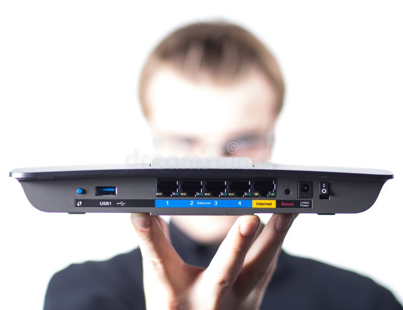 Man with Wireless Router in Hand Stock Photo - Image of ports ...