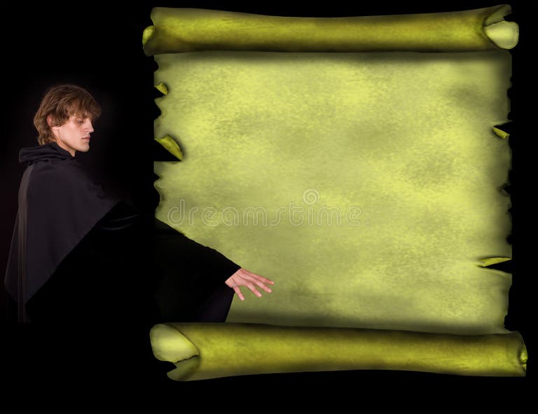 Man Wizard with Old Scroll Banner in Style Grunge. Stock Illustration ...