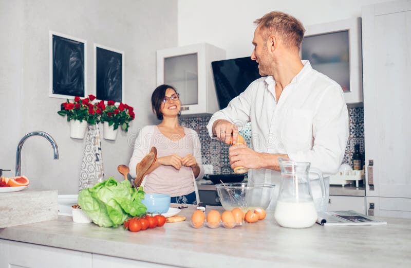 Man and Woaman Cooking Breakfast Together on Kitchen Stock Photo ...