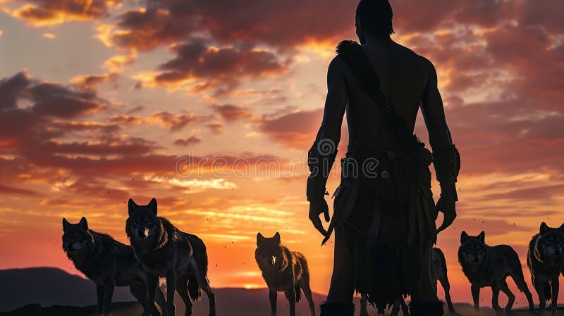Man and Wolves at Sunset stock illustration. Illustration of clouds ...