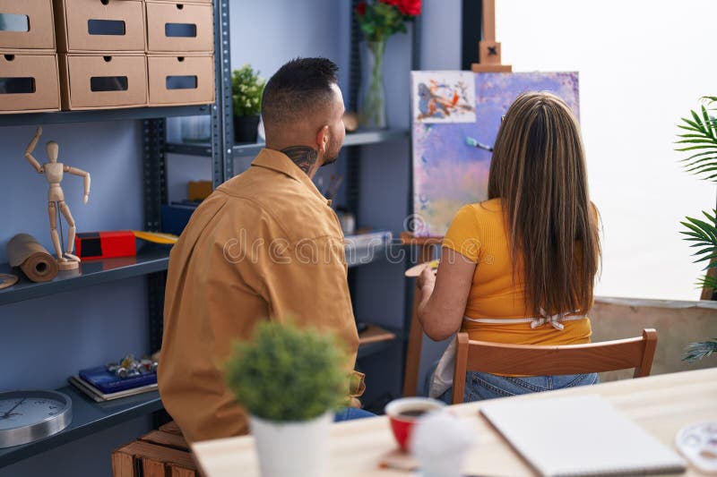 Man and Woman Artists Drawing on Back View at Art Studio Stock Photo ...
