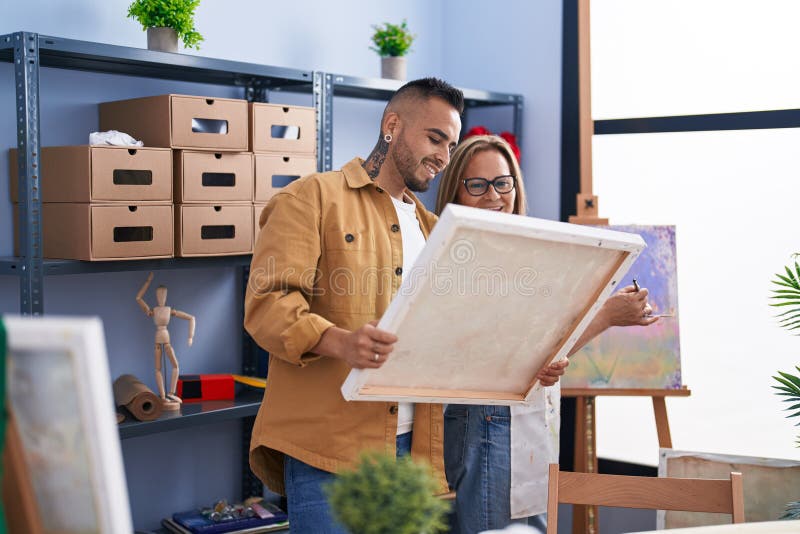 Man and Woman Artists Looking Draw Standing at Art Studio Stock Photo ...