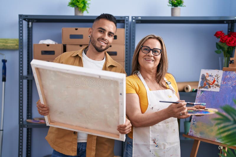 Man and Woman Artists Looking Draw Standing at Art Studio Stock Photo ...
