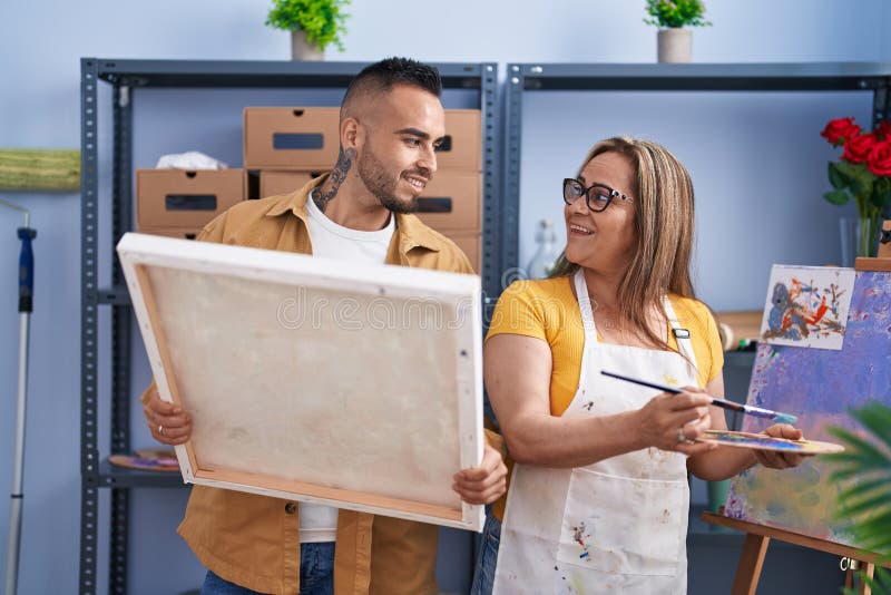Man and Woman Artists Looking Draw Standing at Art Studio Stock Photo ...