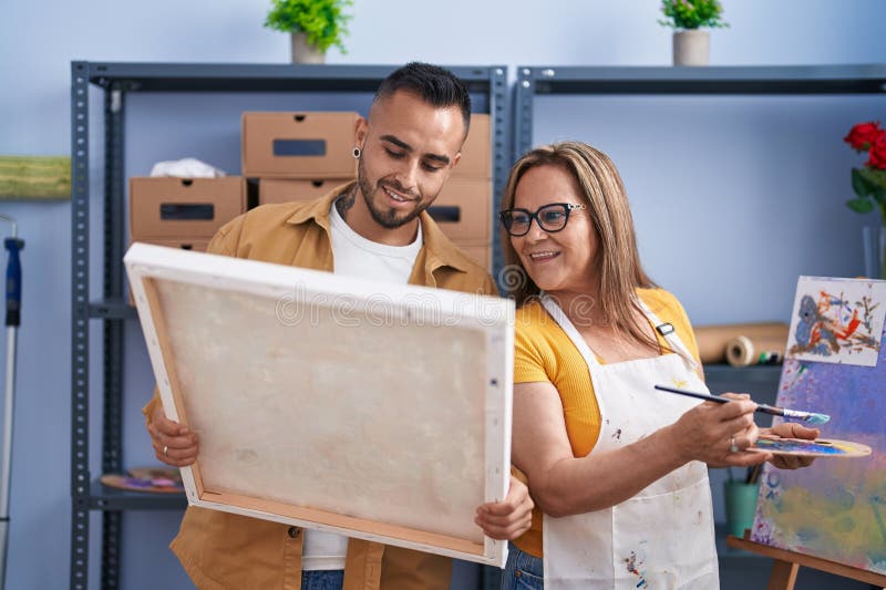 Man and Woman Artists Looking Draw Standing at Art Studio Stock Photo ...