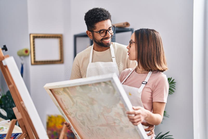 Man and Woman Artists Smiling Confident Looking Draw at Art Studio ...
