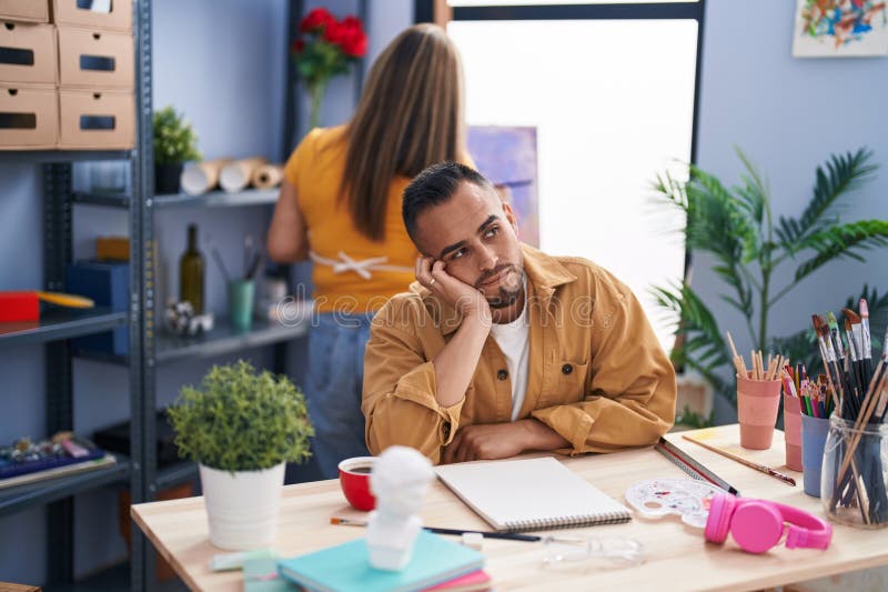 Man and Woman Artists Stressed Drawing on Notebook at Art Studio Stock ...