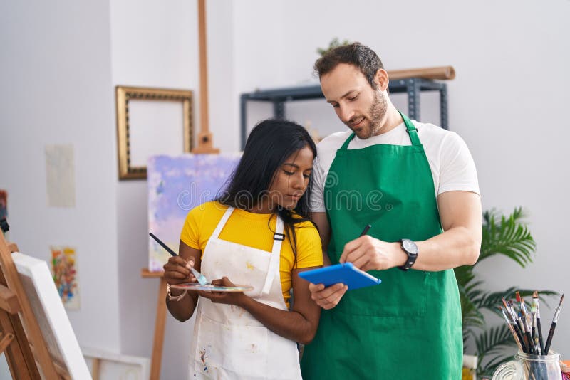 Man and Woman Artists Using Touchpad Drawing at Art Studio Stock Image ...