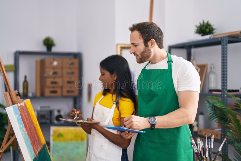 Man and Woman Artists Using Touchpad Drawing at Art Studio Stock Image ...