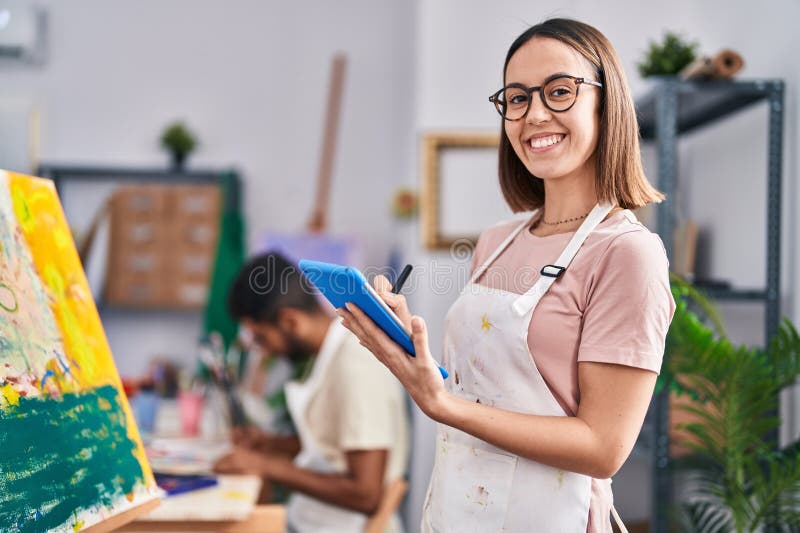 Man and Woman Artists Using Touchpad Drawing at Art Studio Stock Photo ...