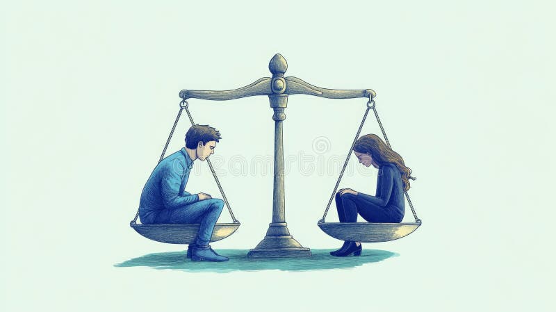 Man and Woman on Balanced Scales Depicting Relationship Equality Stock ...