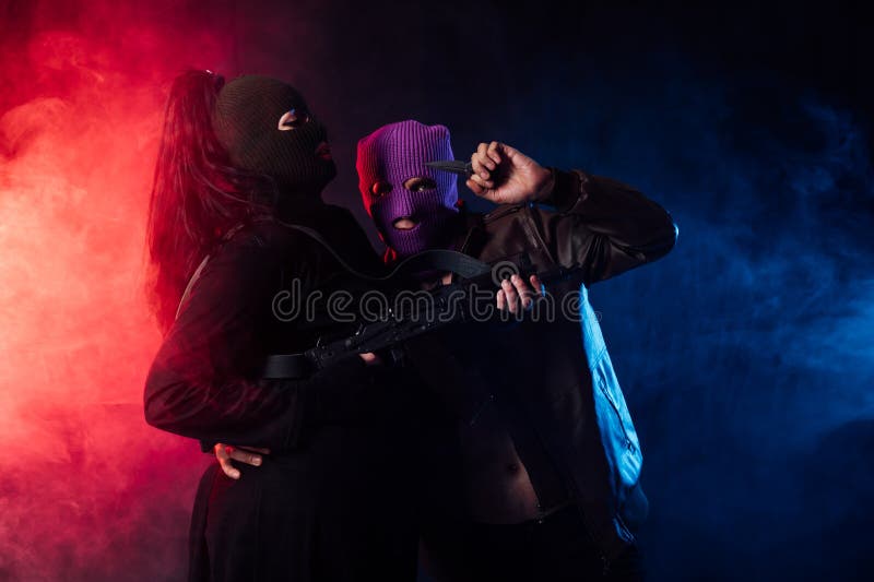 Man and Woman Bandits with Masked Guns Stock Image - Image of collage ...