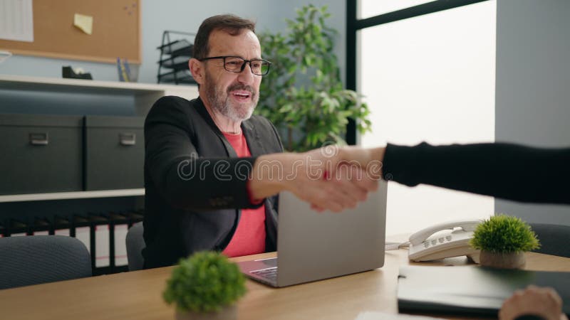 Man and Woman Boss and Employee Shake Hands at Office Stock Footage ...