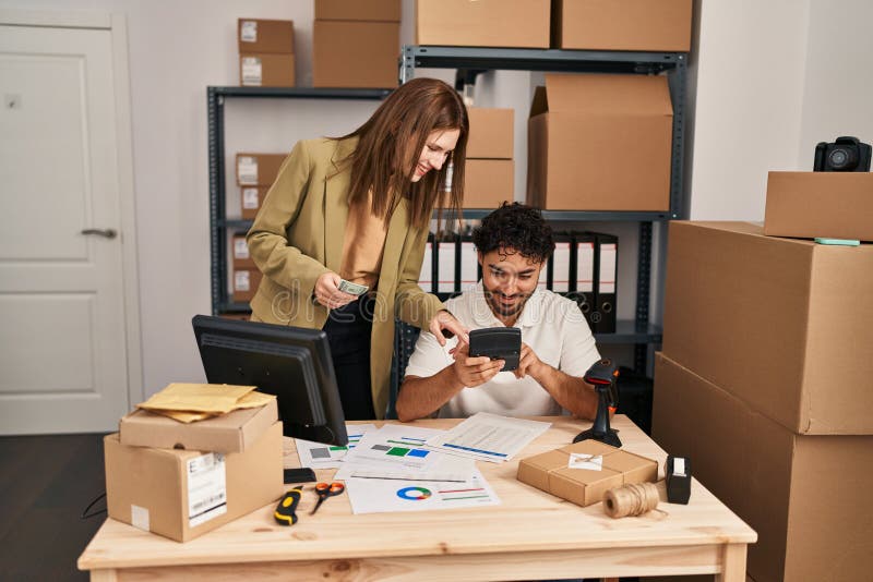 Man and Woman Business Workers Doing Accounting at Office Stock Photo ...