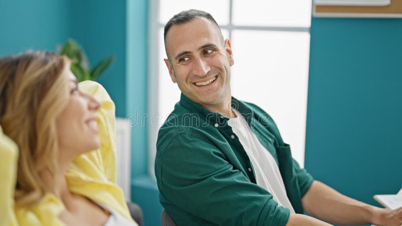 Man and Woman Business Workers Relaxed with Hands on Head Working at ...