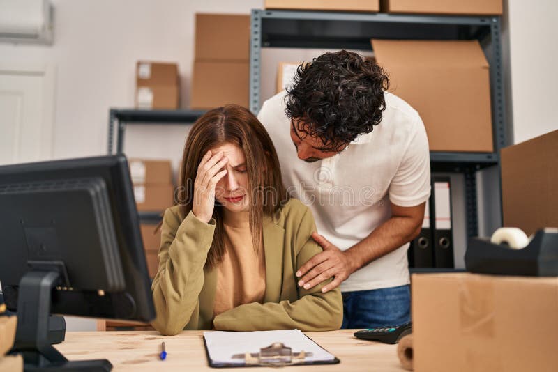 Man and Woman Business Workers with Sad Expression Working at Office ...