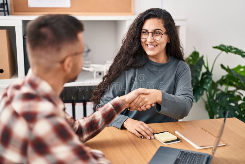 Man and Woman Business Workers Shake Hands at Office Stock Image ...