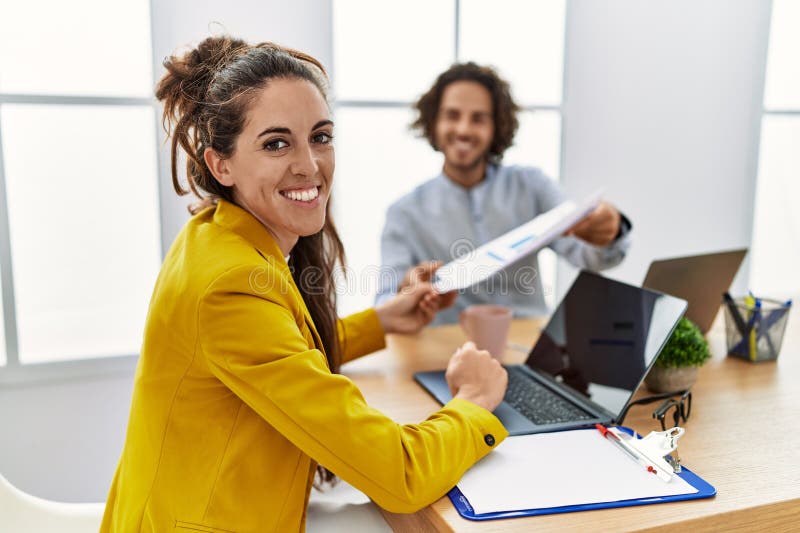 Man and Woman Business Workers Smiling Confident Working at Office ...