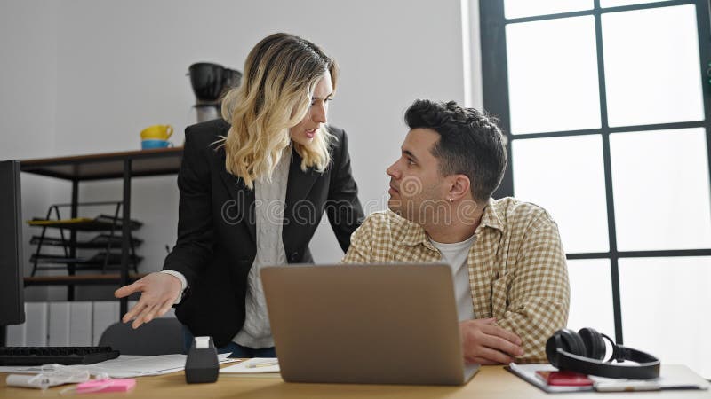 Man and Woman Business Workers Using Laptop Arguing at Office Stock ...