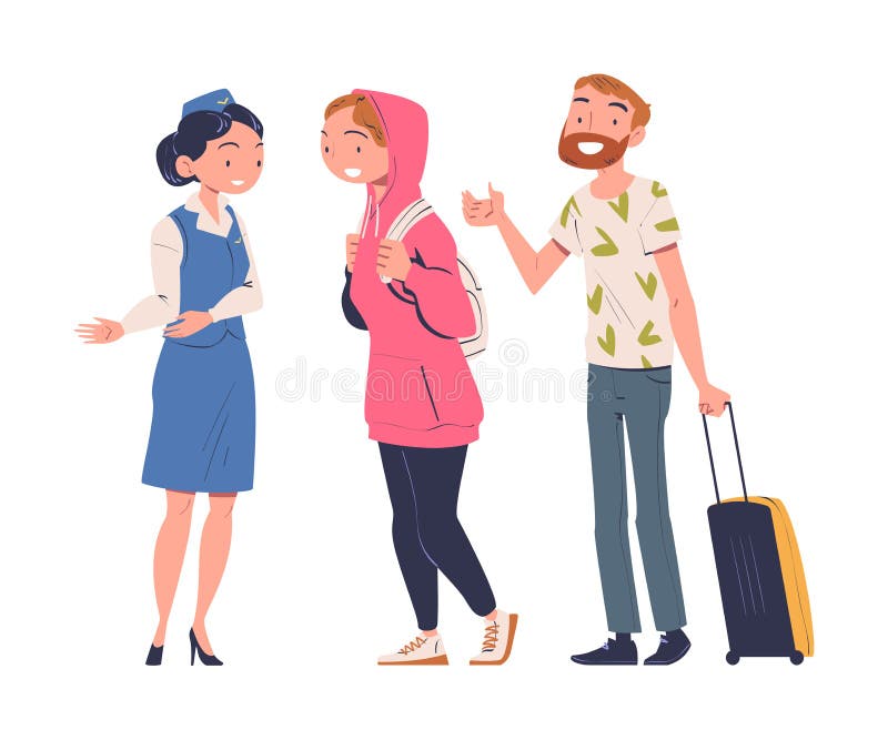 Man and Woman Character at the Airport Gate with Luggage Boarding Plane ... Man and Woman Character at the Airport Gate with Luggage Boarding Plane ...