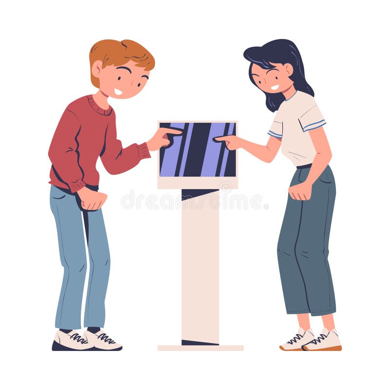 Man and Woman Character Using Information Board with Interactive ...