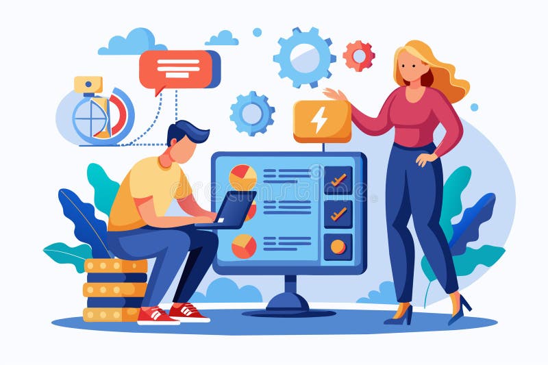 A Man and a Woman are Collaboratively Fixing a Network Error Using a ...