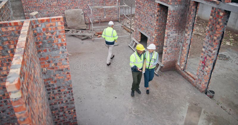 Man, Woman and Construction Site with Walking or Checklist for ...