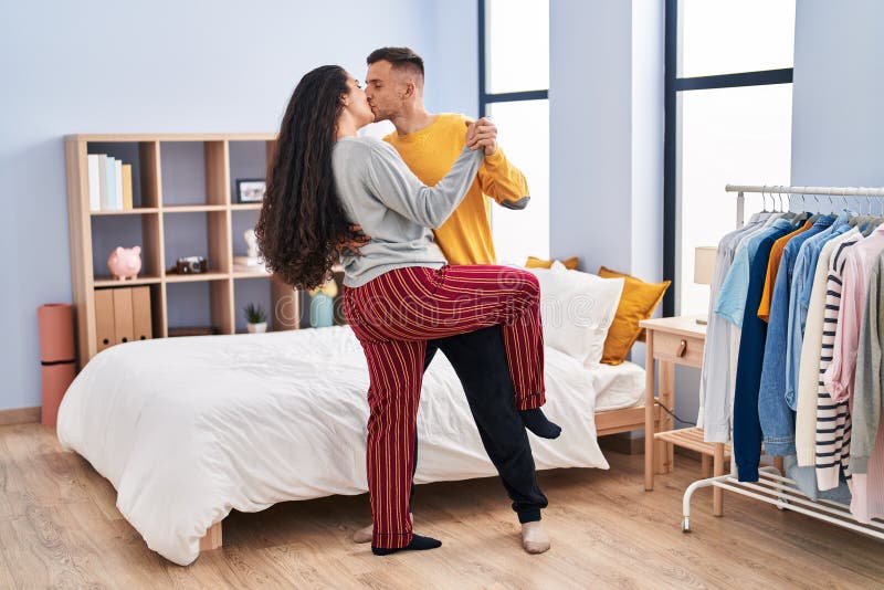 Man And Woman Couple Dancing And Kissing At Bedroom Stock Image Image