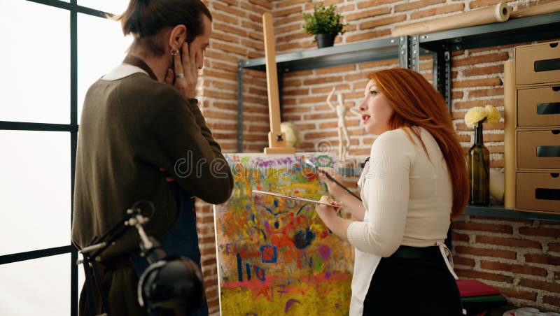 Man and Woman Couple Looking Draw Speaking at Art Studio Stock Photo ...