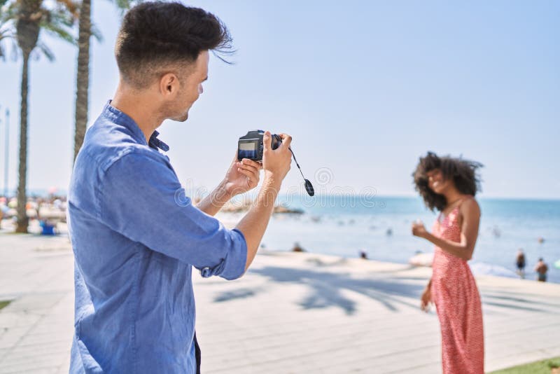 Man and Woman Couple Make Photo Using Camera at Seaside Stock Image ...