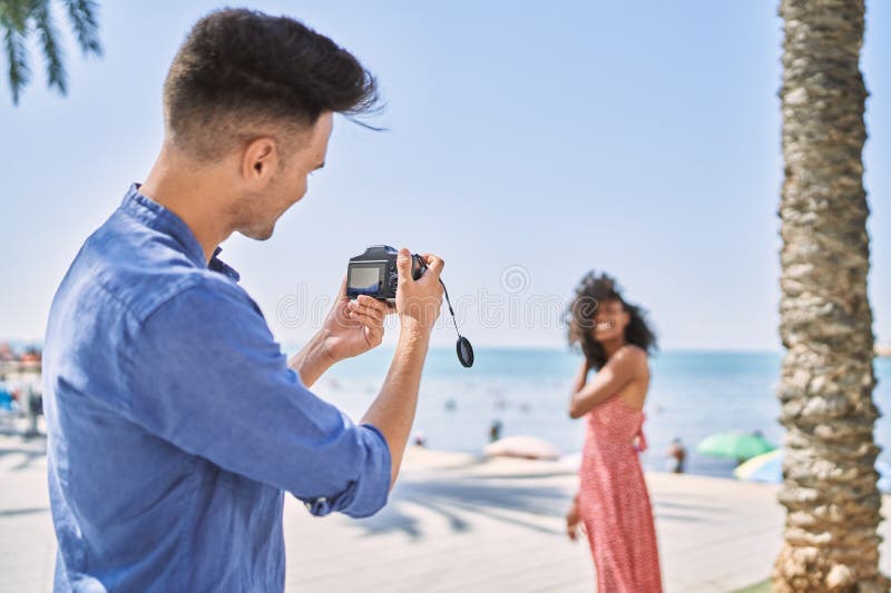 Man and Woman Couple Make Photo Using Camera at Seaside Stock Image ...