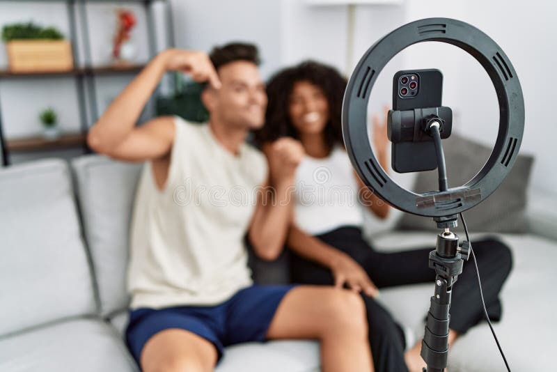 Man and Woman Couple Using Smartphone Having Video Call at Home Stock ...