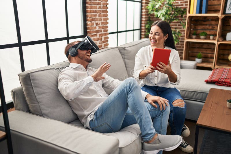 Man and Woman Couple Using Touchpad and Vr Goggles at Home Stock Image ...