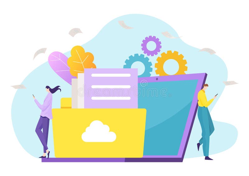 Man and Woman with Digital Devices Near Large Folder and Gears. Cloud Computing and Teamwork ...