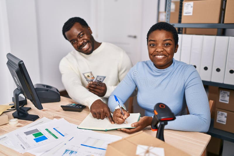 Man and Woman Ecommerce Business Workers Accounting at Office Stock ...