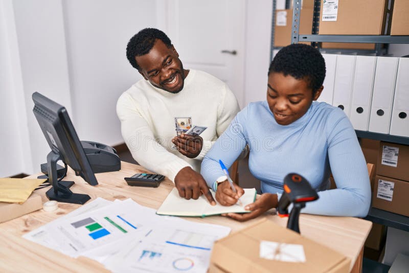 Man and Woman Ecommerce Business Workers Accounting at Office Stock ...