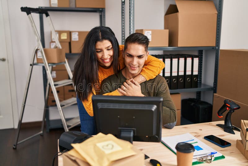Man and Woman Ecommerce Business Workers Hugging Each Other Working at ...
