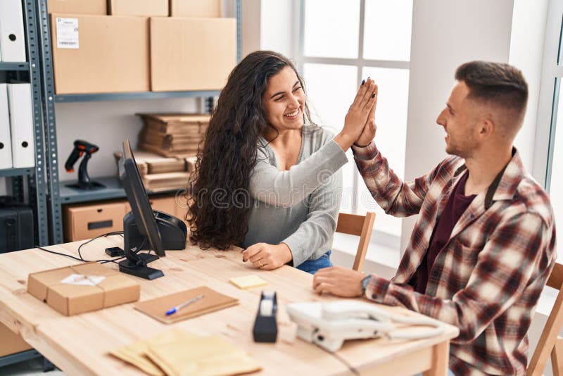 Man and Woman Ecommerce Bussines Workers High Five with Hands Raised Up ...
